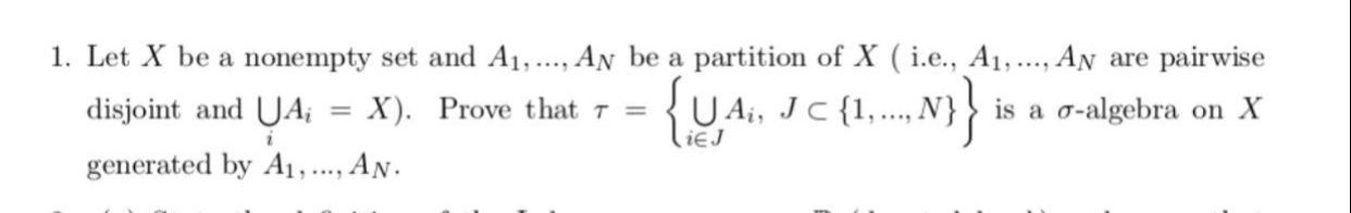 Solved Let x ﻿be a nonempty set and A1,dots,AN ﻿be a | Chegg.com
