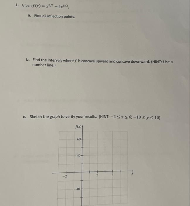 Solved Given f(x)=x8/3−4x5/3, a. Find all inflection points. | Chegg.com