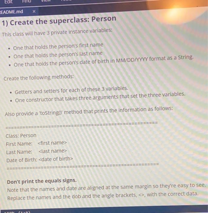 Solved Edit README.md х 1) Create the superclass: Person | Chegg.com