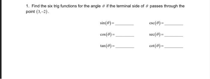Solved 1. Find the six trig functions for the angle θ if the | Chegg.com