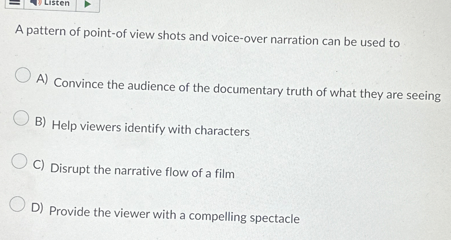 Solved A pattern of point-of view shots and voice-over | Chegg.com