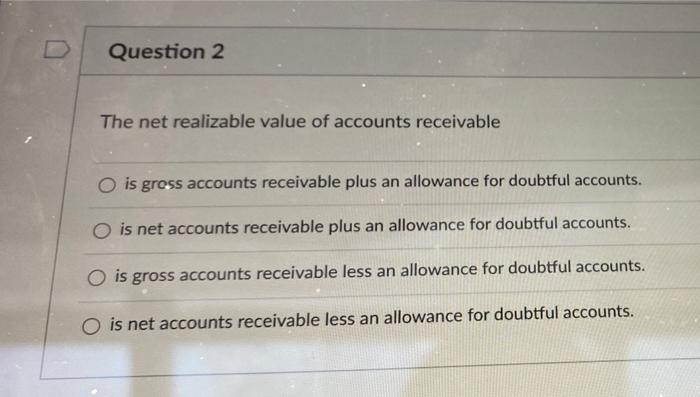 Solved Question 2 The net realizable value of accounts | Chegg.com