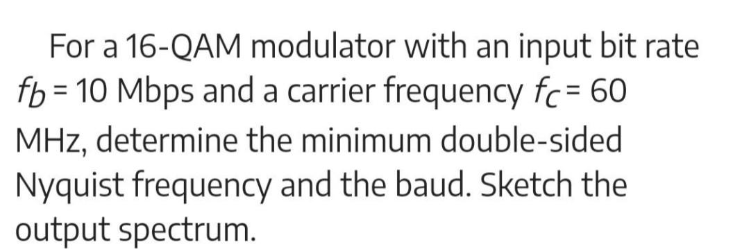 Solved For a 16-QAM modulator with an input bit rate fb = 10 | Chegg.com