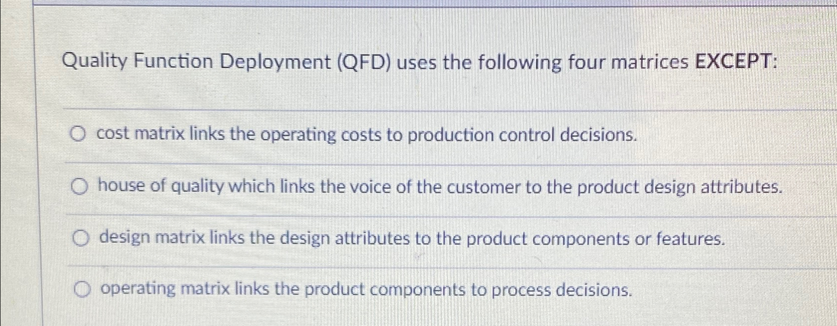 Solved Quality Function Deployment (QFD) ﻿uses the following | Chegg.com