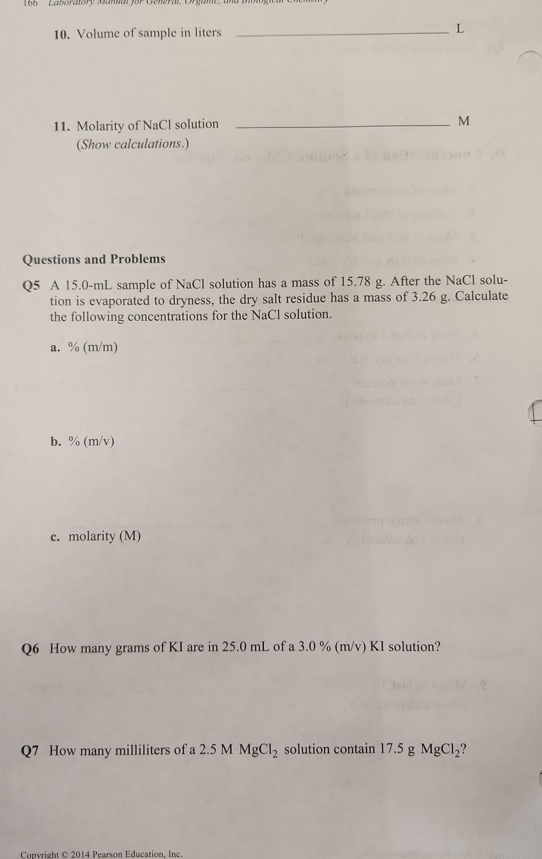 Solved 10. Volume of sample in liters L 11. Molarity of NaCl | Chegg.com