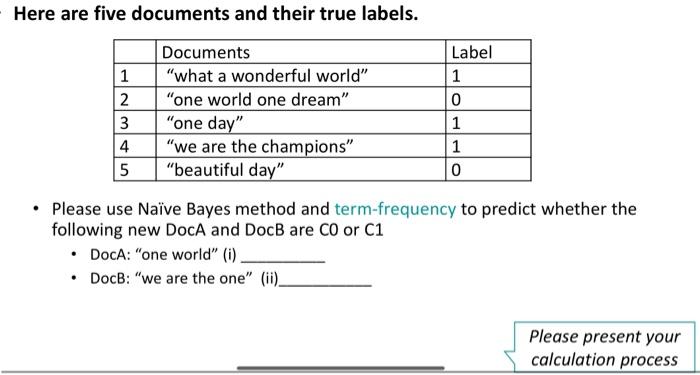 Solved Here are five documents and their true labels. - | Chegg.com