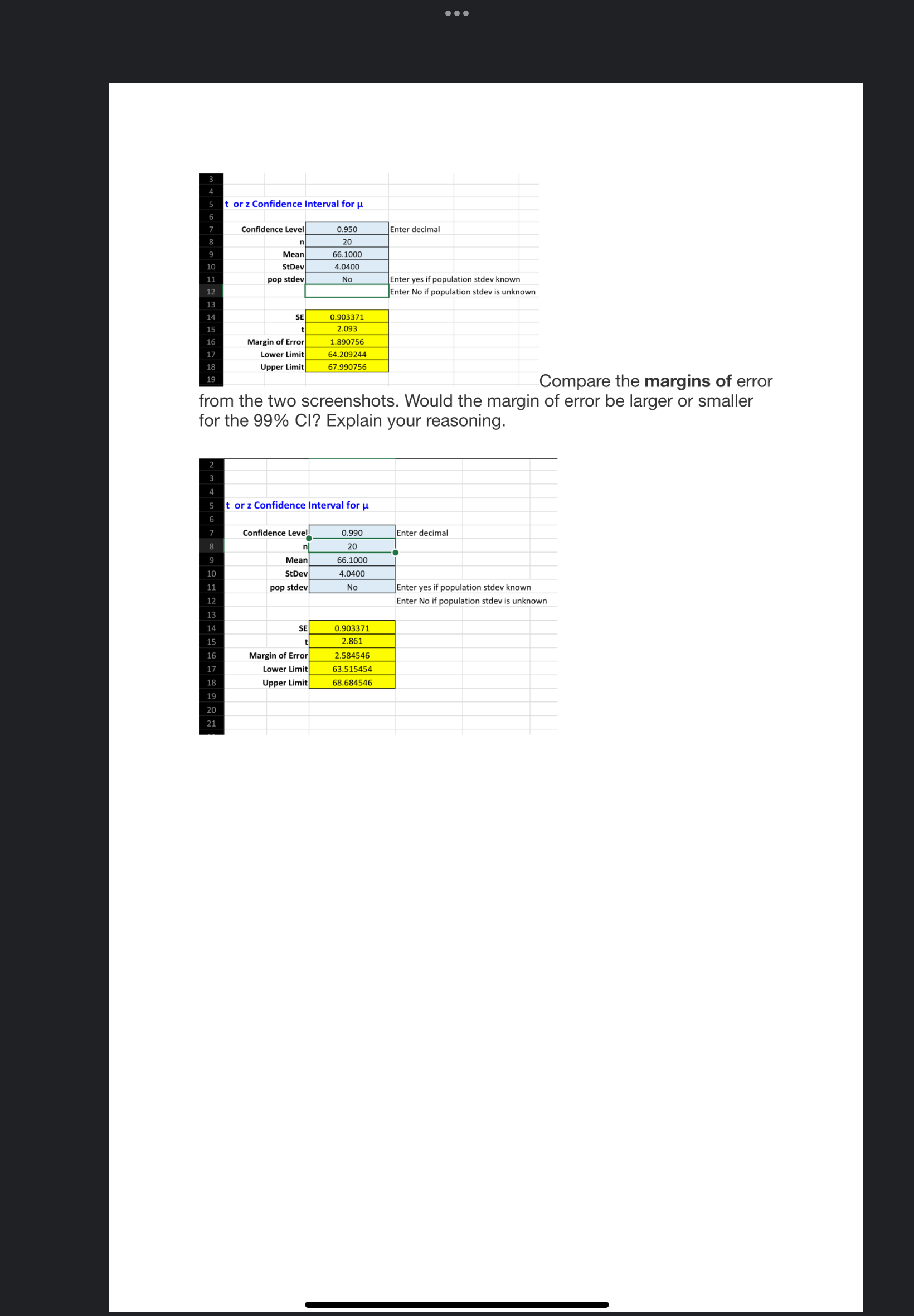 Solved t ﻿or z ﻿Confidence Interval for μCompare the margins | Chegg.com