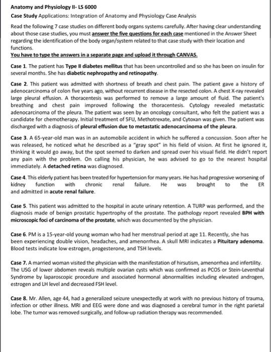 Anatomy and Physiology II- LS 6000 Case Study | Chegg.com