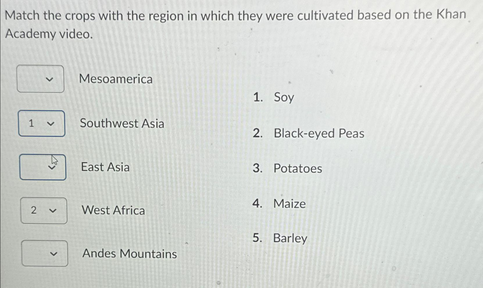 Solved Match the crops with the region in which they were | Chegg.com
