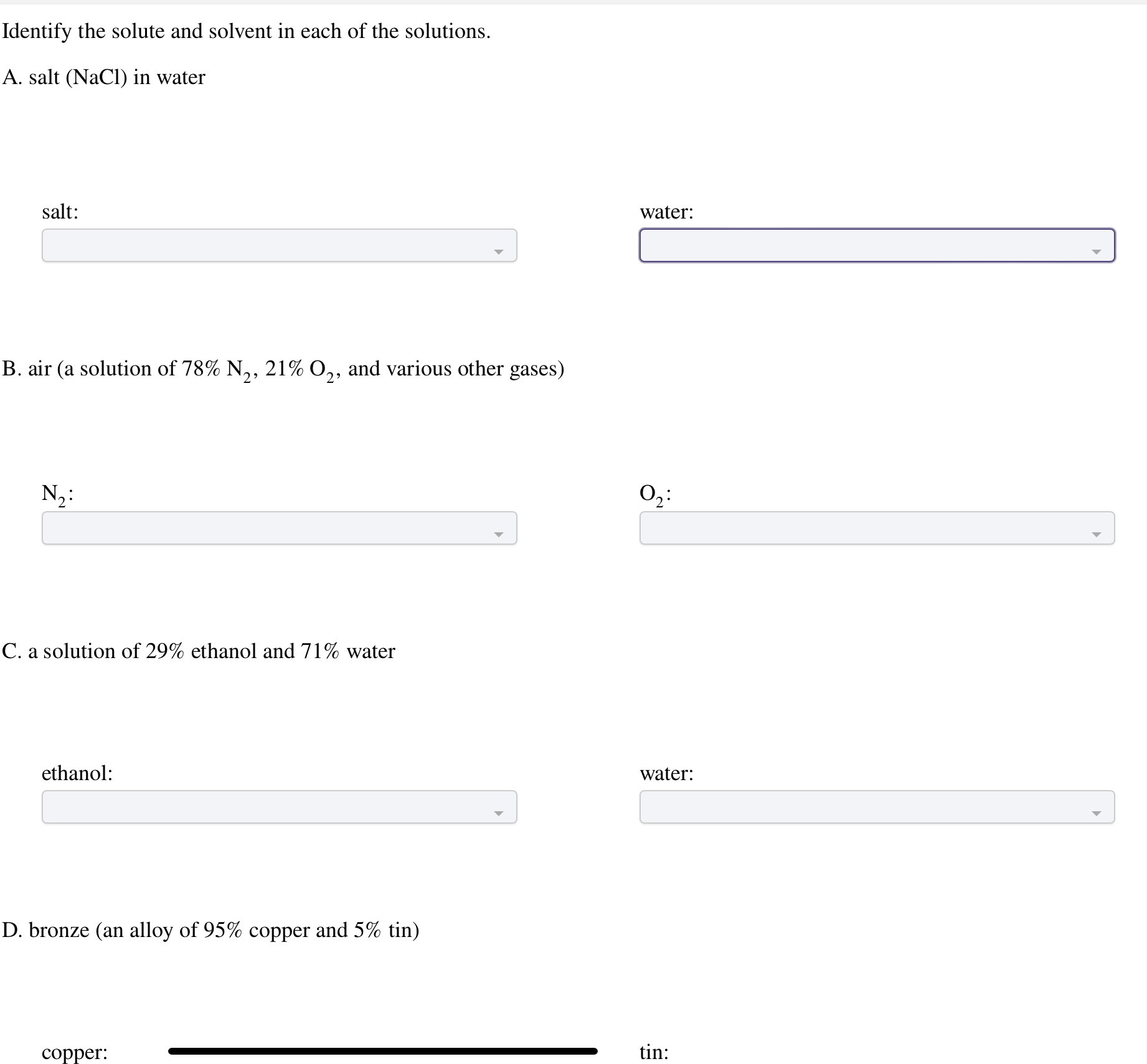 Solved Identify the solute and solvent in each of the | Chegg.com