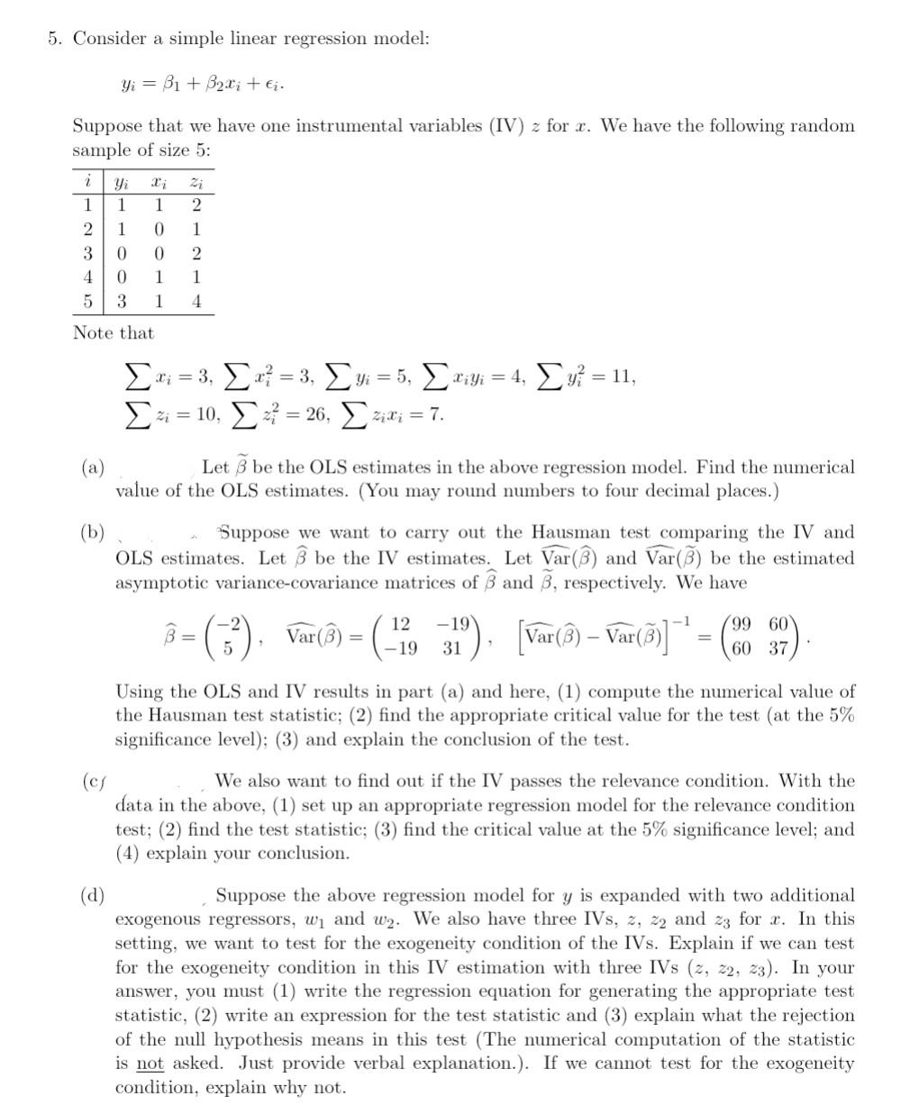 Solved 5. Consider a simple linear regression model: Yi = B1 | Chegg.com