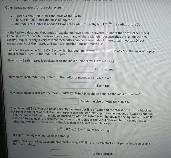 Solved Other handy numbers for the solar system:Jupiter is | Chegg.com