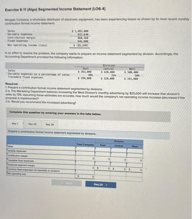 Solved Exercise 6-11 (Algo) Segmented Income Statement | Chegg.com Solved Exercise 6-11 (Algo) Segmented Income Statement | Chegg.com