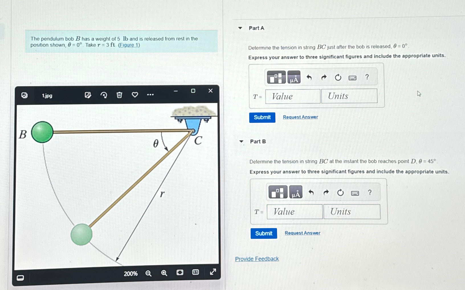 Solved The pendulum bob B ﻿has a weight of 5lb ﻿and is | Chegg.com