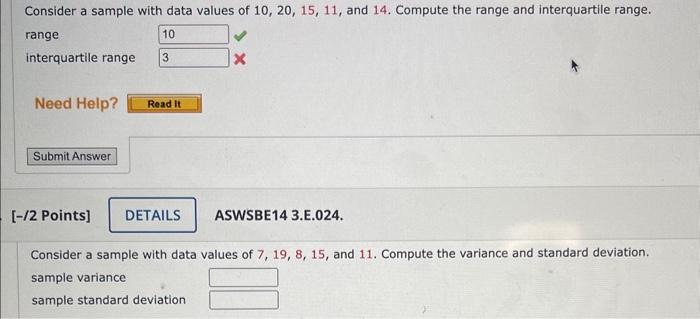 Solved Consider a sample with data values of 10,20,15,11, | Chegg.com