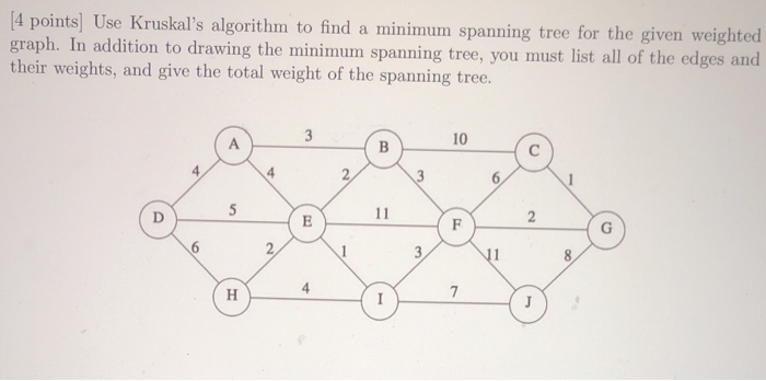 Solved [4 points) Use Kruskal's algorithm to find a minimum | Chegg.com