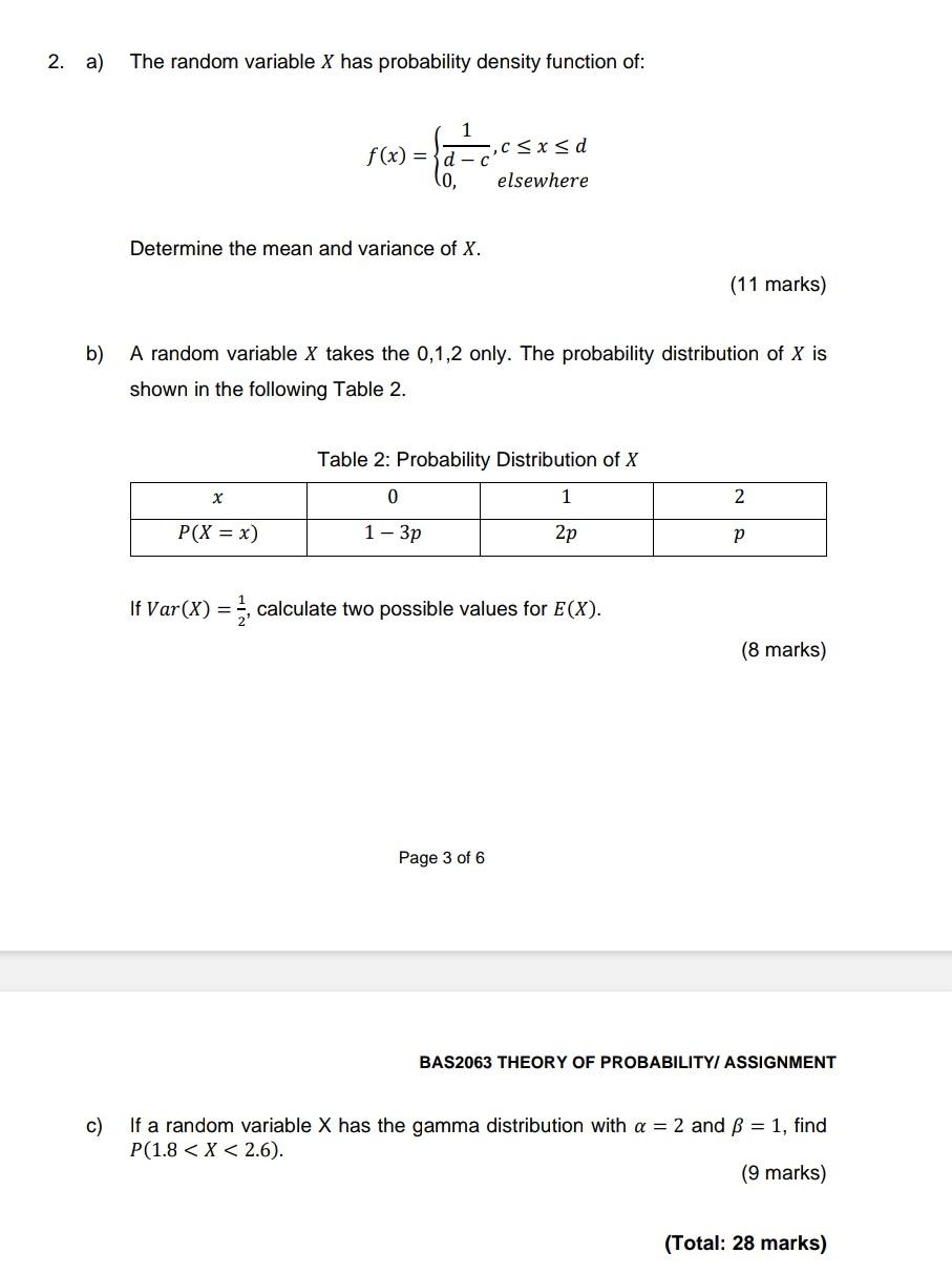 Solved 2. a) The random variable X has probability density | Chegg.com
