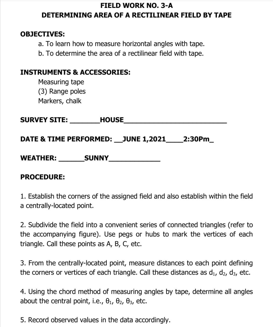 Solved FIELD WORK NO. 3-A DETERMINING AREA OF A RECTILINEAR | Chegg.com
