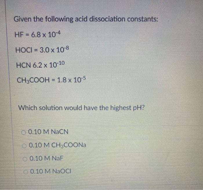 Solved Given the following acid dissociation constants: HF = | Chegg.com
