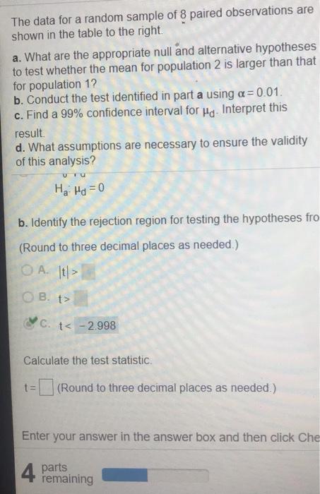 Solved The data for a random sample of 8 paired observations | Chegg.com
