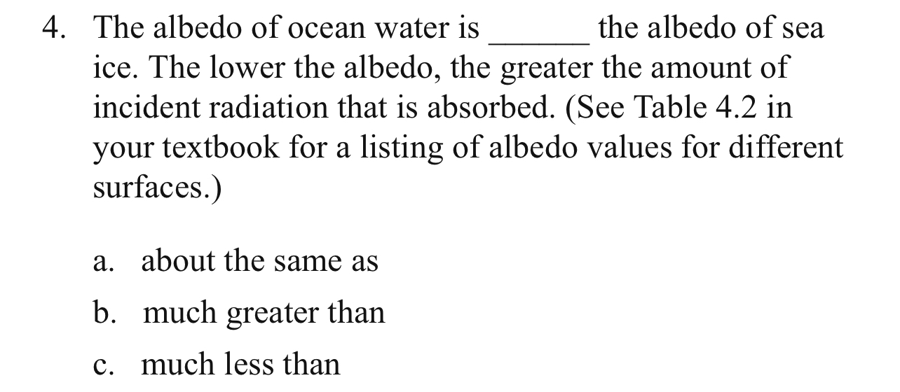 Solved The albedo of ocean water is the albedo of sea ice. | Chegg.com