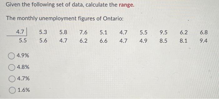 Solved Given the following set of data, calculate the range. | Chegg.com