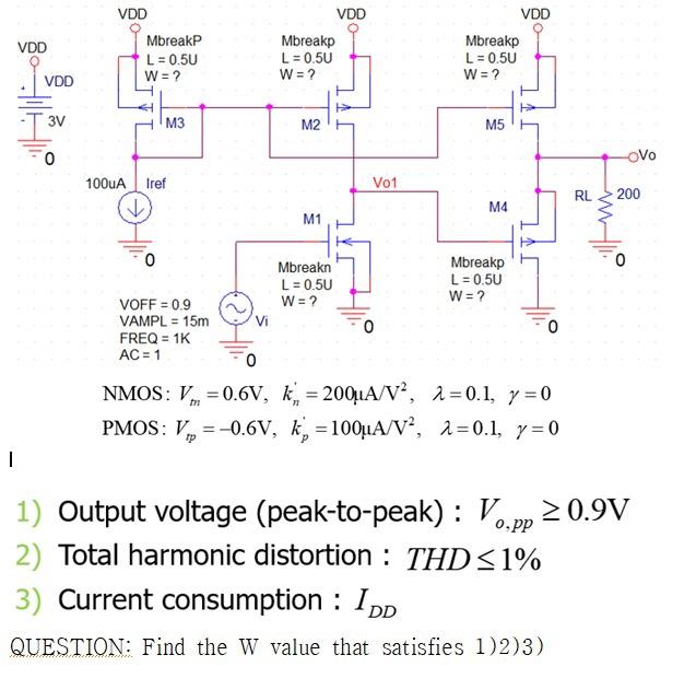 Solved VDD VDD 3V VDD 0 MbreakP L = 0.5U W = ? Mbreakp L = | Chegg.com