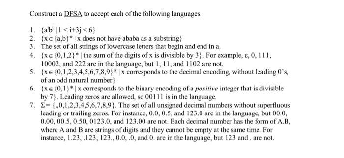 Solved Construct a DFSA to accept each of the following | Chegg.com