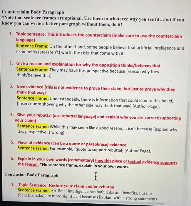 Claim Body Paragraph: *Note that sentence frames are | Chegg.com