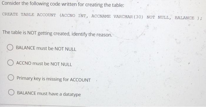 Solved Consider The Create Table Command Given Below Create 5491