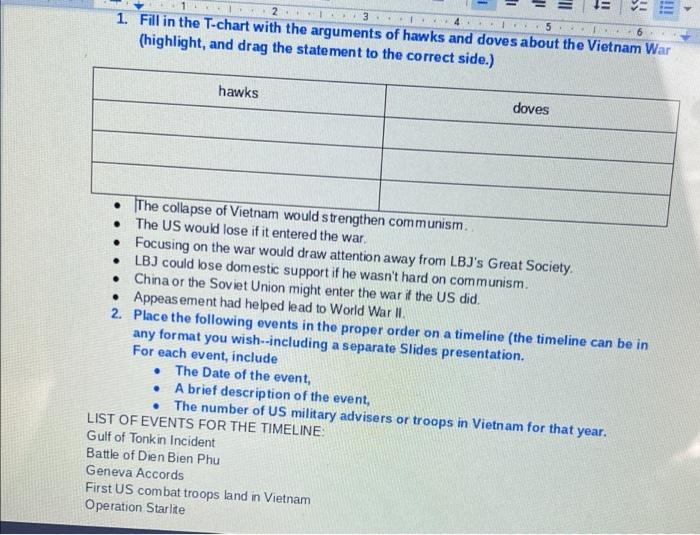 Fill in the T-Chart with the arguments of hawks and | Chegg.com