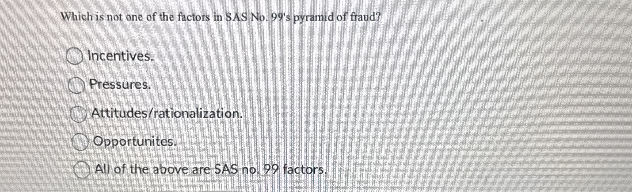 Solved Which is not one of the factors in SAS No. 99's | Chegg.com