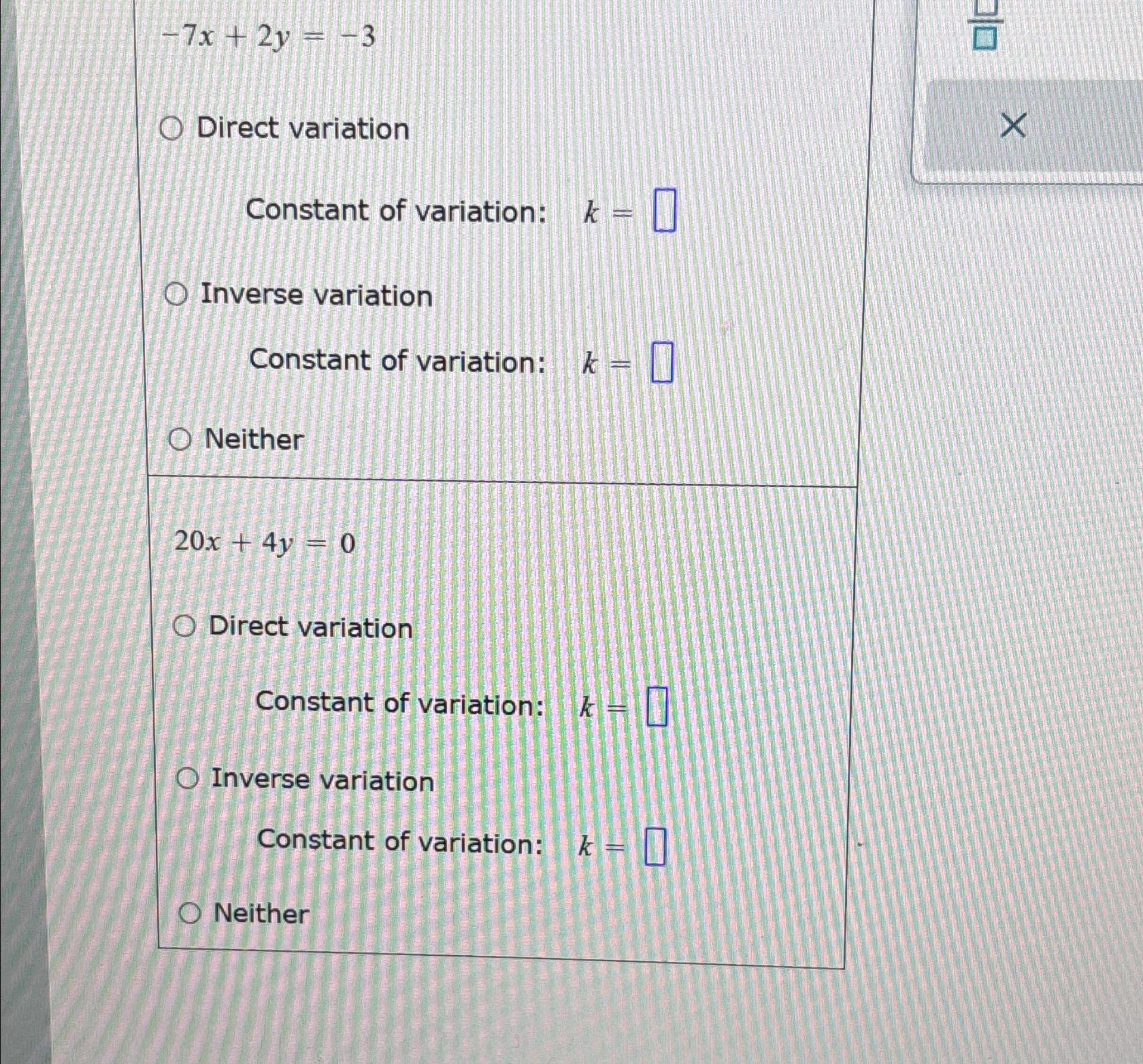 Solved -7x+2y=-3Direct variationConstant of variation: | Chegg.com