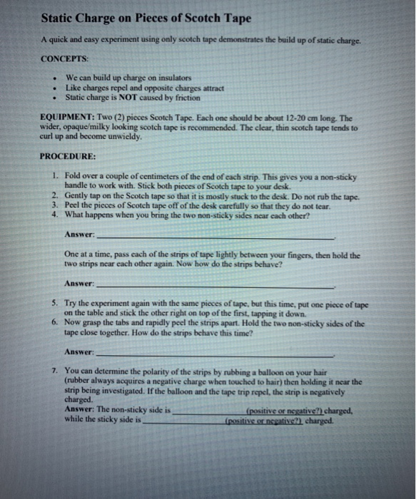 Solved Static Charge on Pieces of Scotch Tape A quick and | Chegg.com