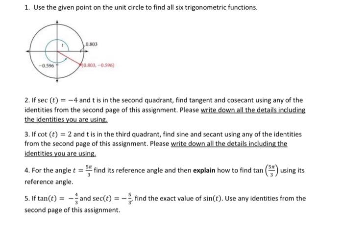 Solved 1. Use the given point on the unit circle to find all | Chegg.com