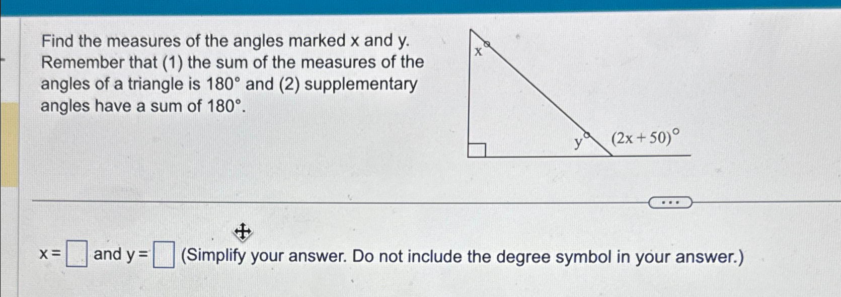 Solved Find the measures of the angles marked x ﻿and y. | Chegg.com