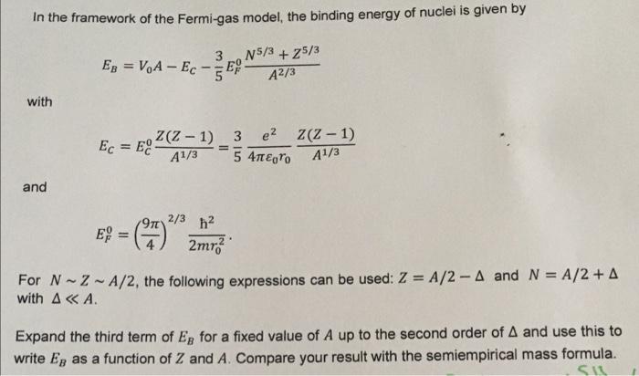 Solved In the framework of the Fermi-gas model, the binding | Chegg.com