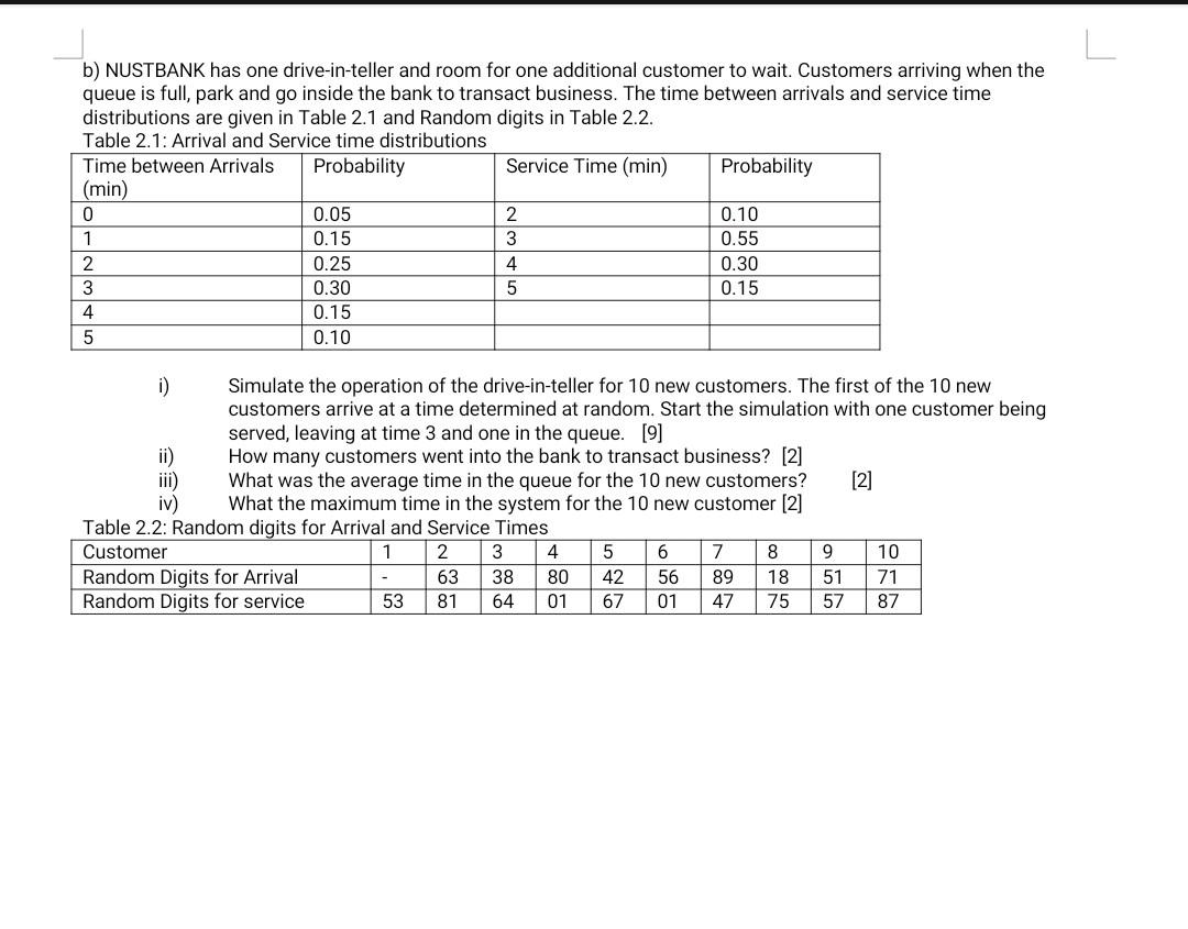 Solved b) NUSTBANK has one drive-in-teller and room for one | Chegg.com