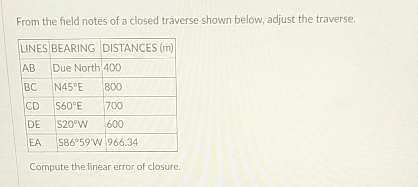Solved From the field notes of a closed traverse shown | Chegg.com