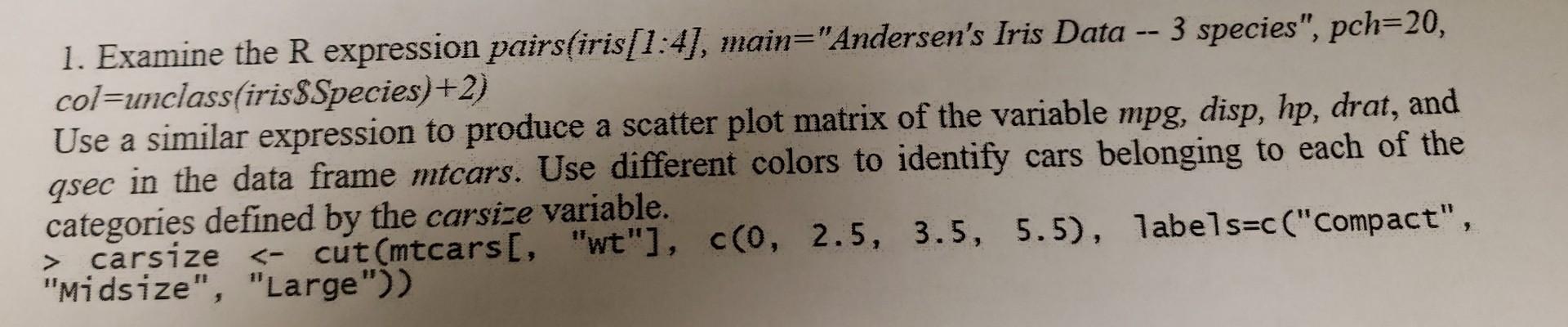 Solved 1. Examine the R expression pairs(iris [1:4], | Chegg.com