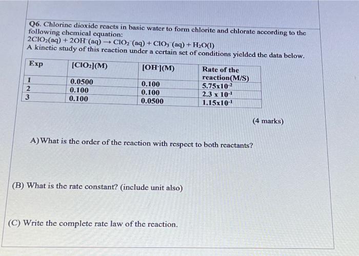 Solved Q6. Chlorine dioxide reacts in basic water to form | Chegg.com