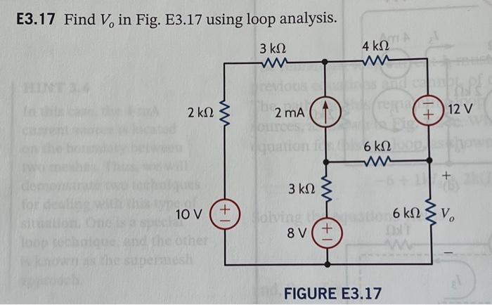 Solved E3.17 Find Vo in Fig. E3.17 using loop analysis. | Chegg.com