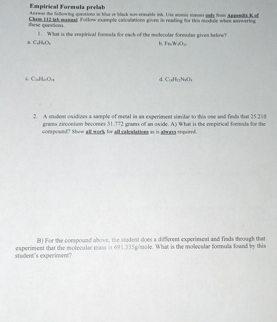 Solved Empirical Formula prelab Answer the following | Chegg.com
