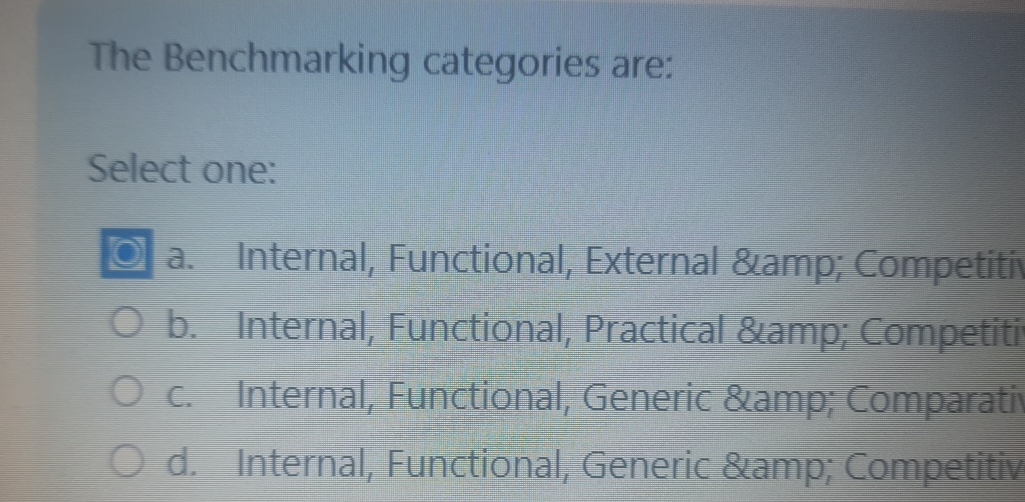 Solved The Benchmarking categories are:Select one:a. | Chegg.com