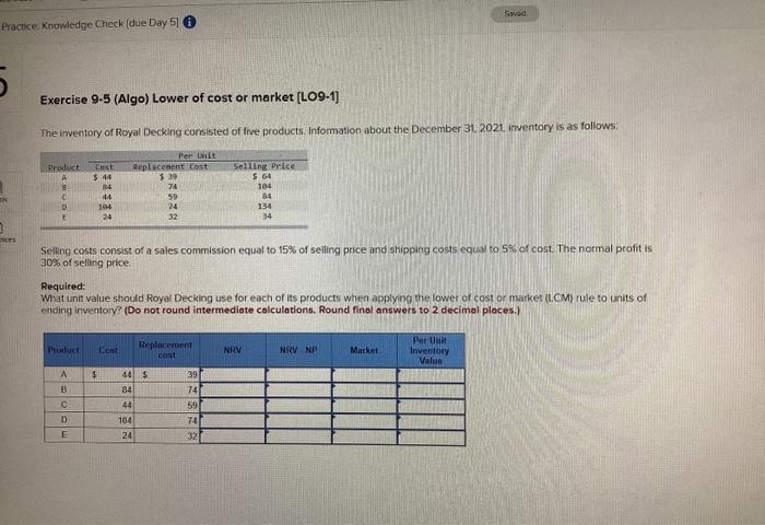 Solved Exercise 9-5 (Algo) Lower of cost or market [LO9-1] | Chegg.com