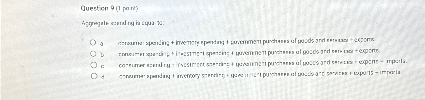 Solved Question 9 (1 ﻿point)Aggregate spending is equal to:a | Chegg.com