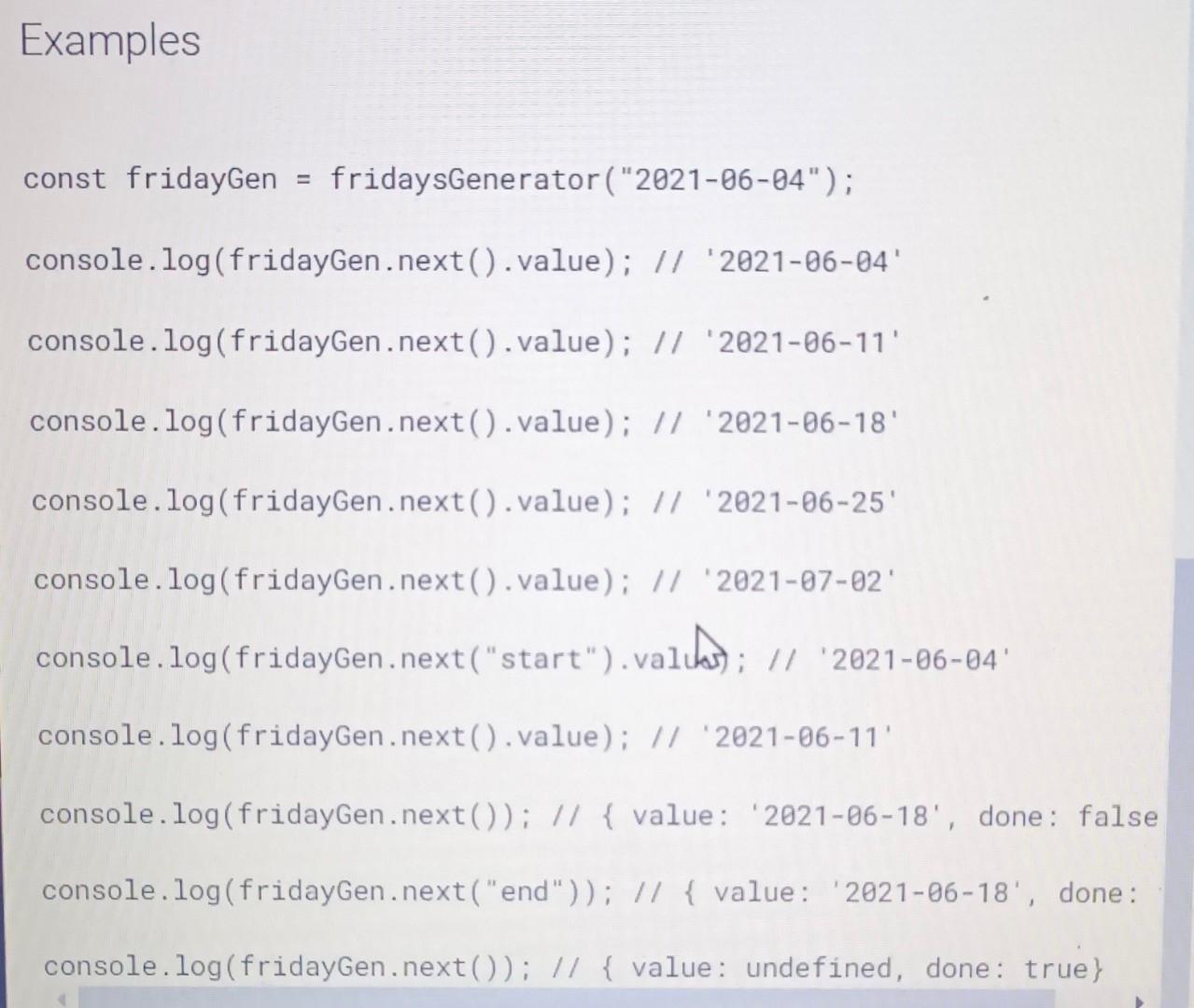 Solved Implement a generator of Fridays using JavaScript and | Chegg.com