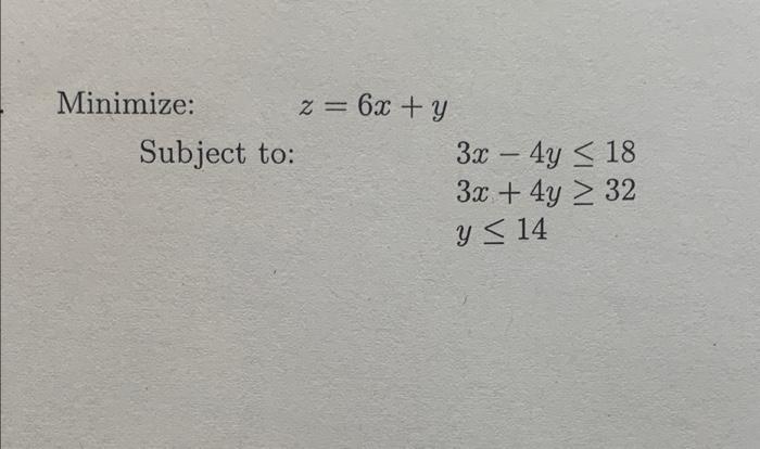 Solved Minimize: z = 6x + y Subject to: 3x – 4y