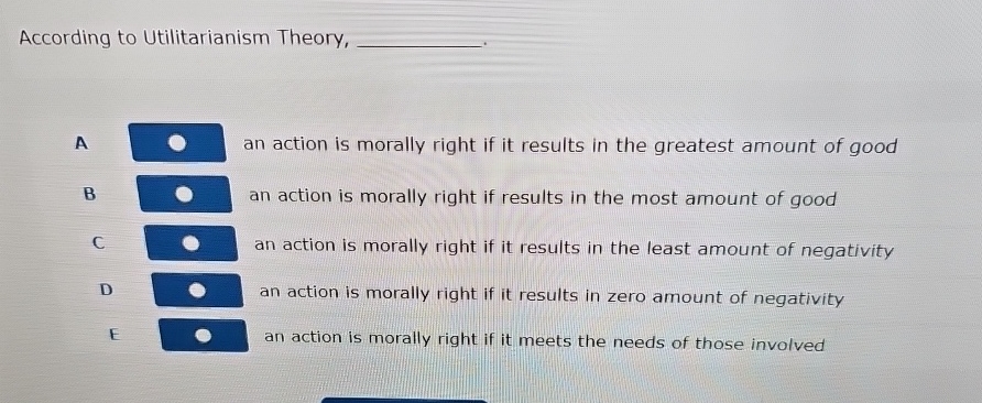 Solved According to Utilitarianism Theory,ABCDEan action is | Chegg.com