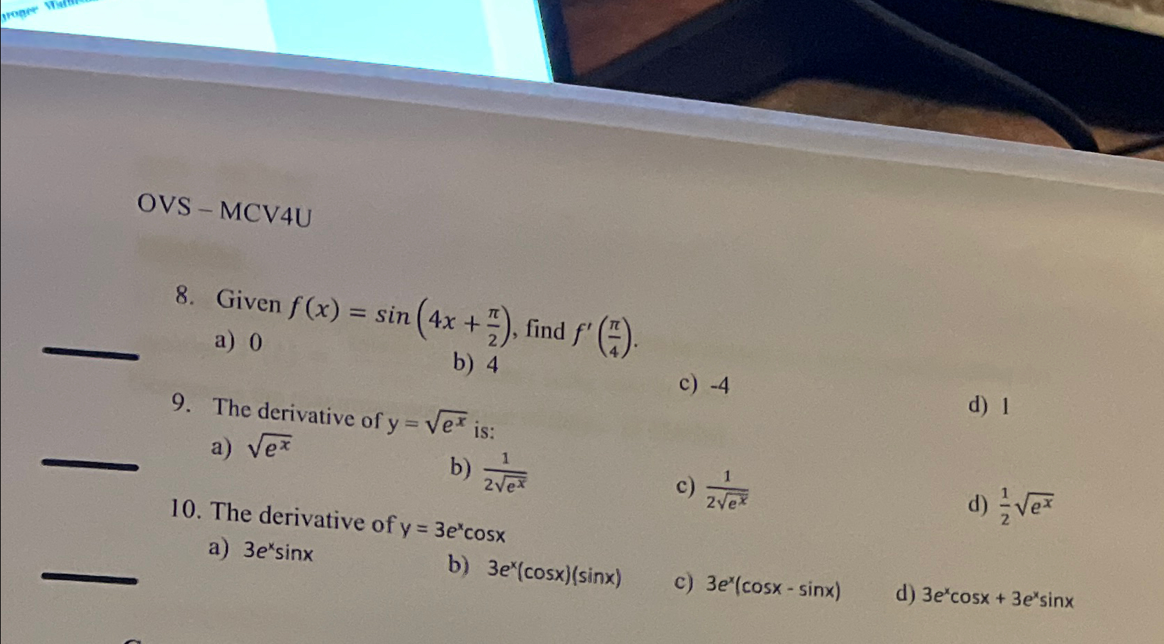 Solved OVS - ﻿MCV4U8. ﻿Given f(x)=sin(4x+π2), ﻿find | Chegg.com